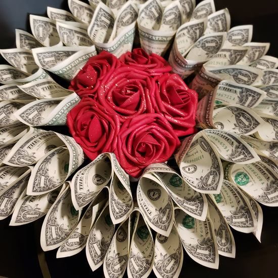 Money Boquet with faux foam roses sprayed with glitter – AmyRose Crafts