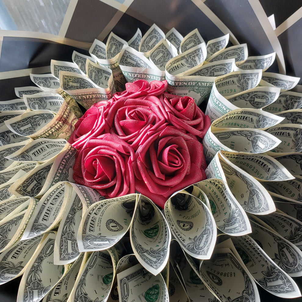 Money Boquet with faux foam roses sprayed with glitter – AmyRose Crafts