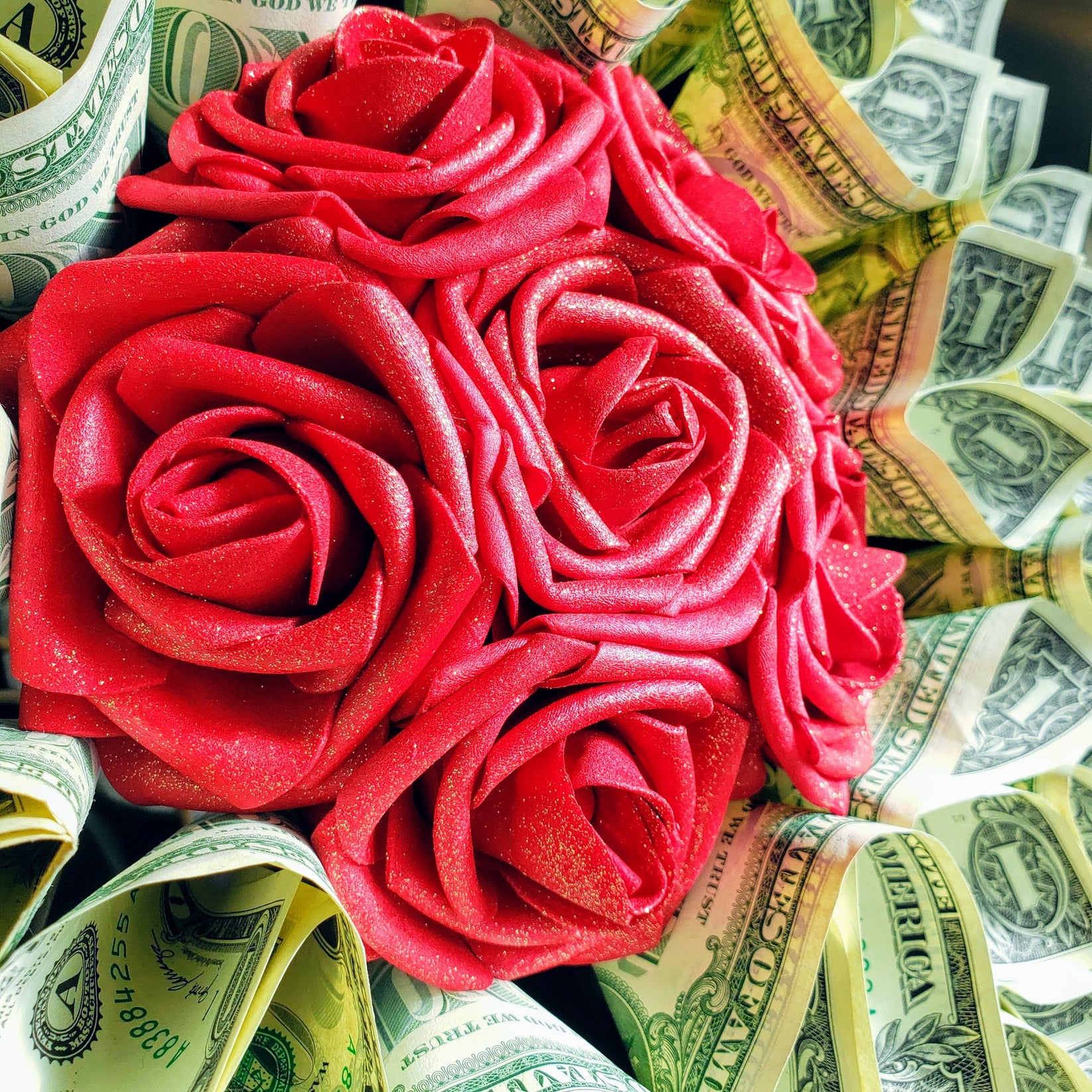 Money Boquet with faux foam roses sprayed with glitter – AmyRose Crafts