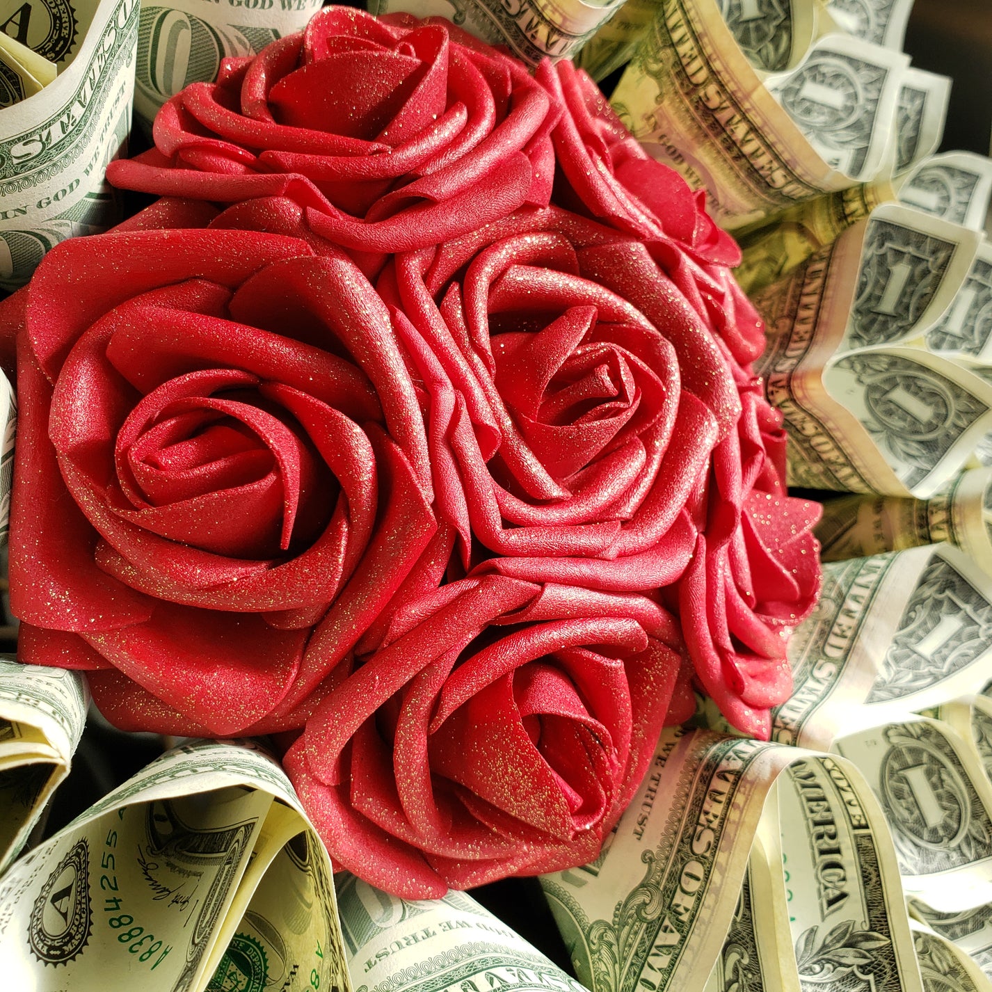 Money Boquet with faux foam roses sprayed with glitter – AmyRose Crafts