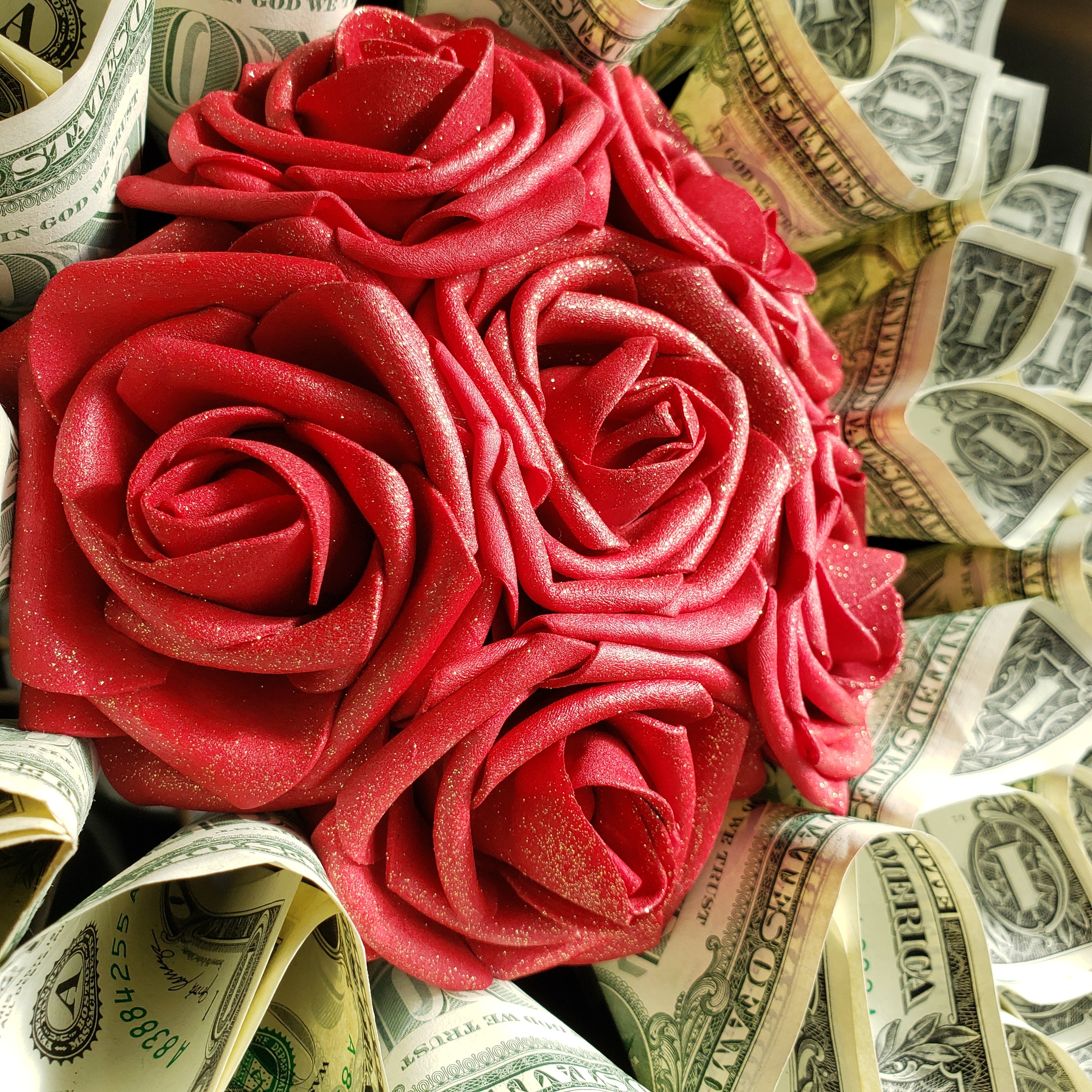 Money Boquet with faux foam roses sprayed with glitter – AmyRose Crafts