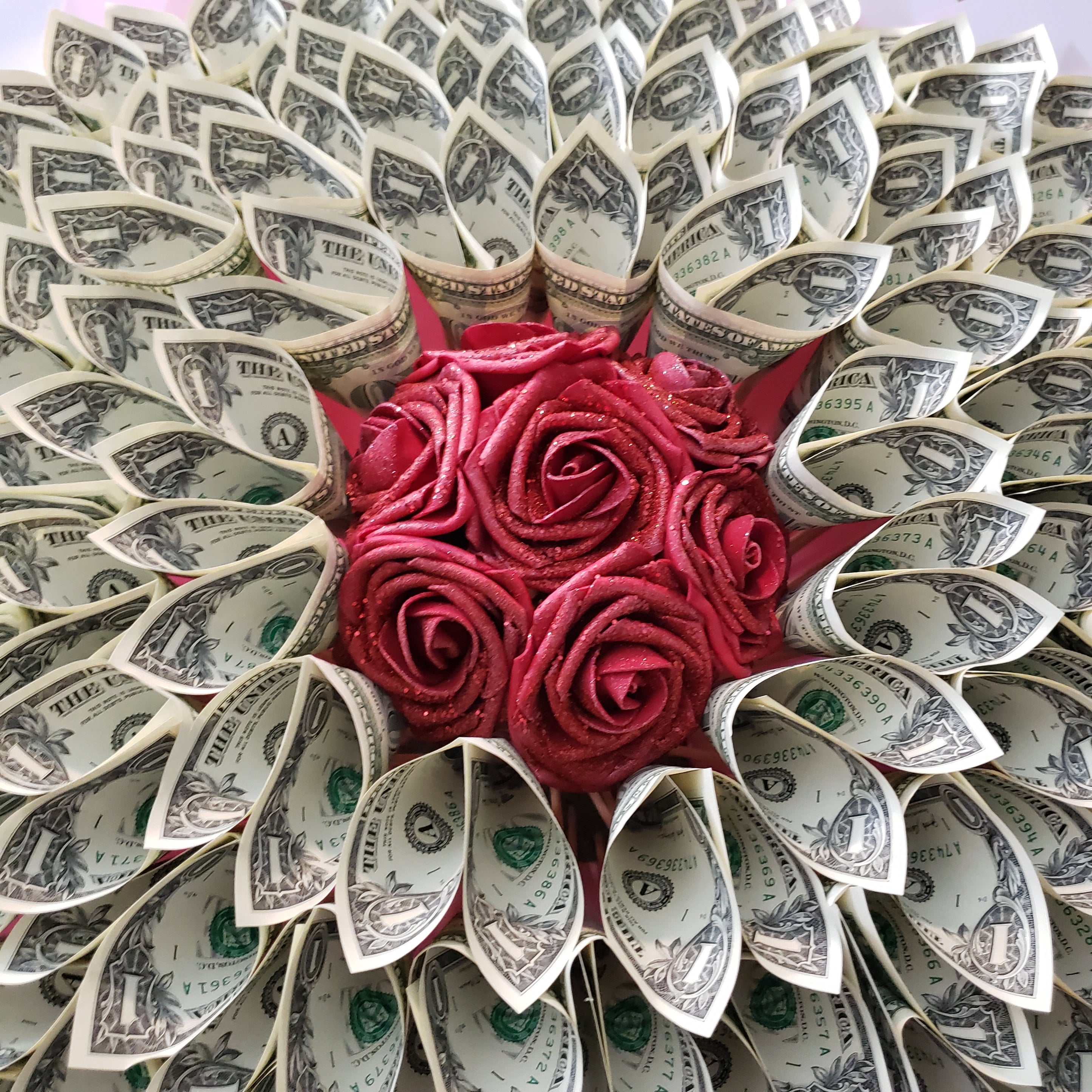 Money Boquet with faux foam roses sprayed with glitter – AmyRose Crafts