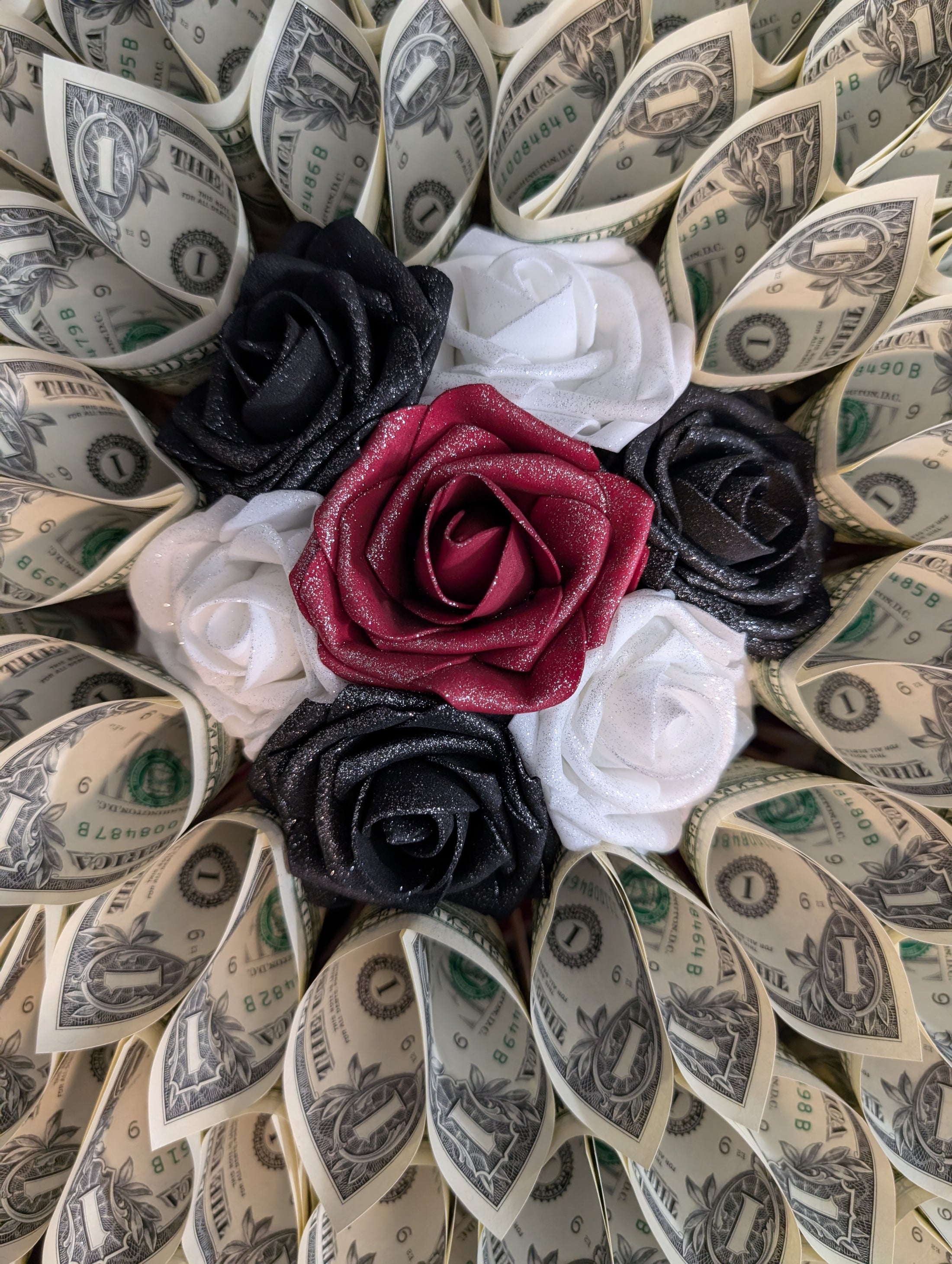 Money Bouquet with faux foam roses sprayed with glitter – AmyRose Crafts