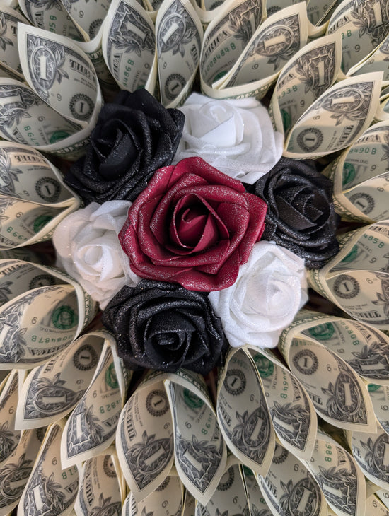 Money Bouquet with faux foam roses sprayed with glitter – AmyRose Crafts